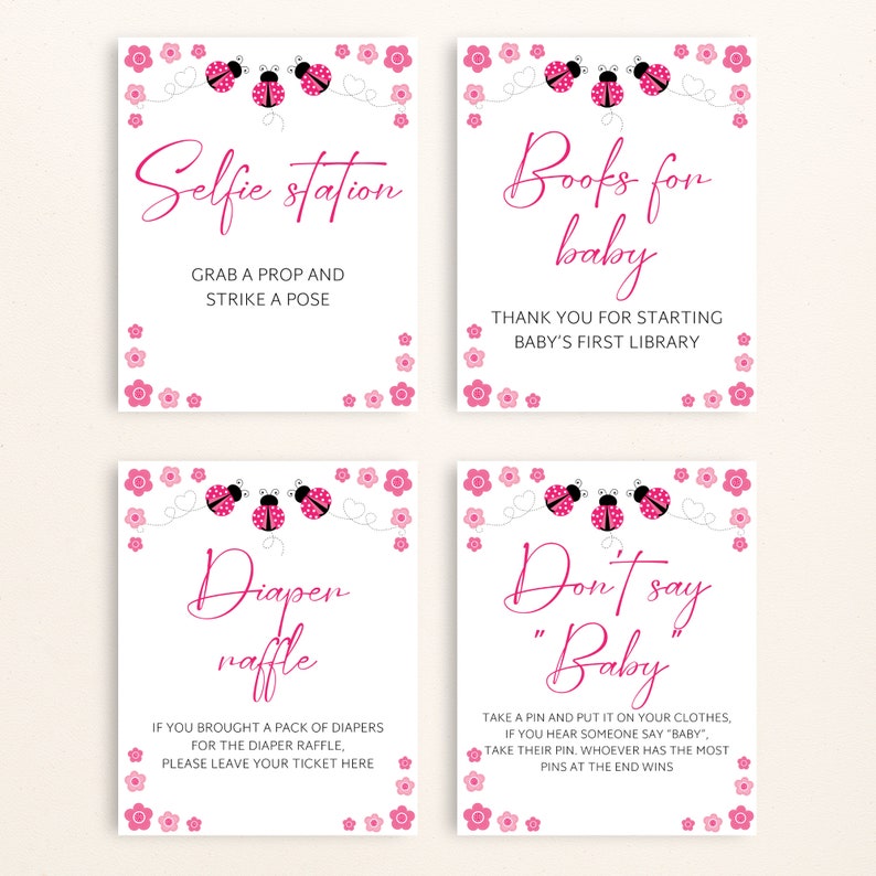 16 Printable Pink Ladybug Baby Shower Table Signs 8x10 Baby Shower Sign ...