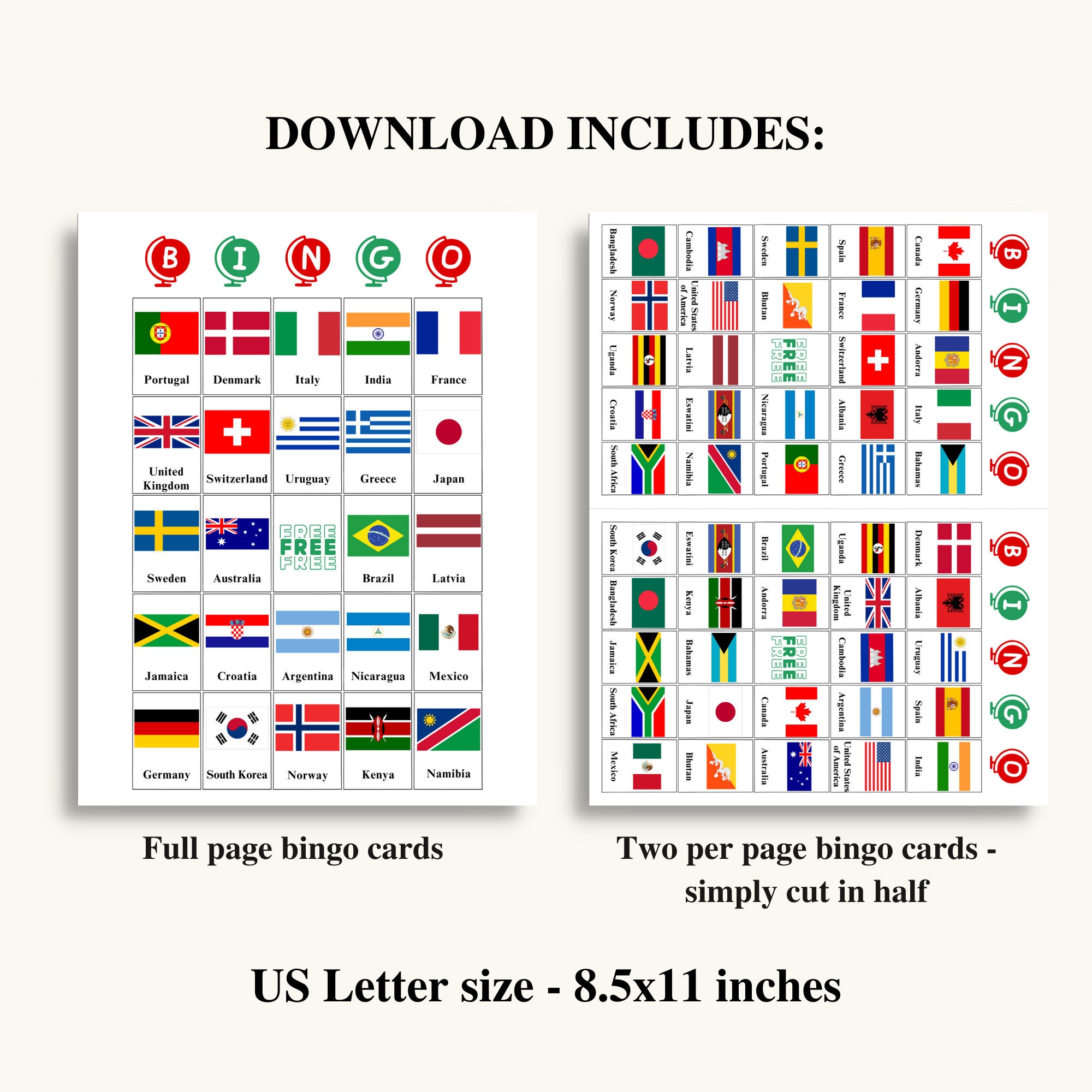 50 Printable World Flags Picture Bingo Cards, Classroom Games, World ...