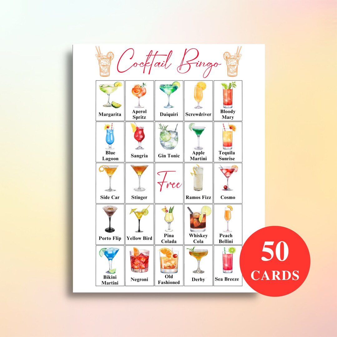 50 Printable Cocktail Picture Bingo Cards, Adult Birthday Party Games ...