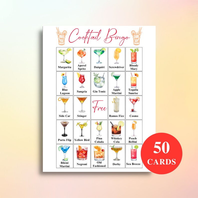 50 Printable Cocktail Picture Bingo Cards, Adult Birthday Party Games ...