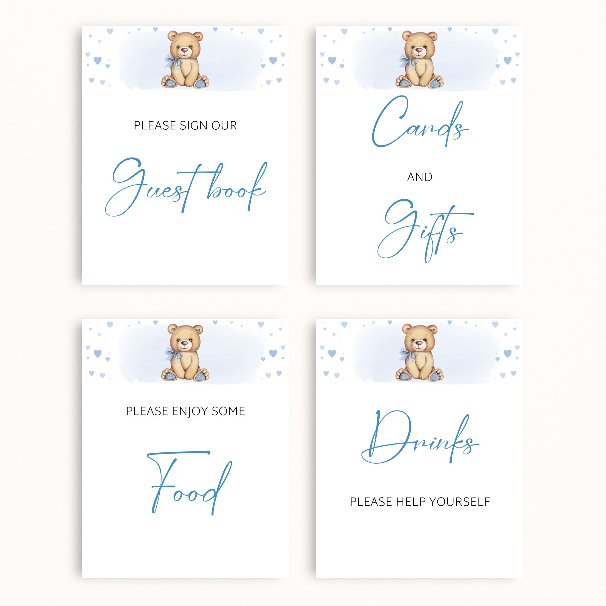 16 Printable Teddy Bear Baby Shower Table Signs, Blue Baby Shower ...