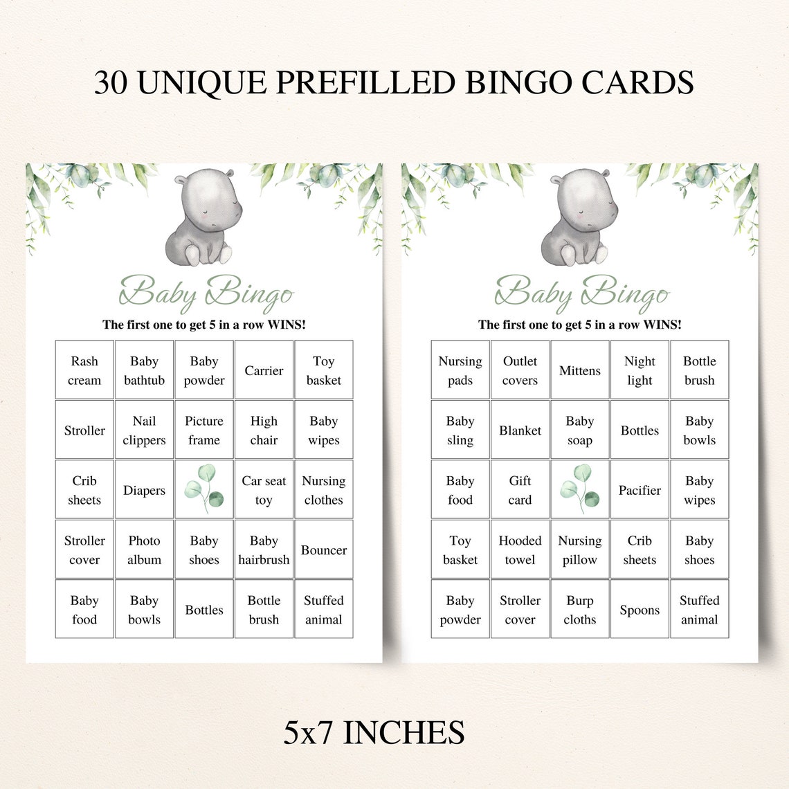 30 Printable Hippo Baby Shower Bingo Cards 5x7'' - Etsy