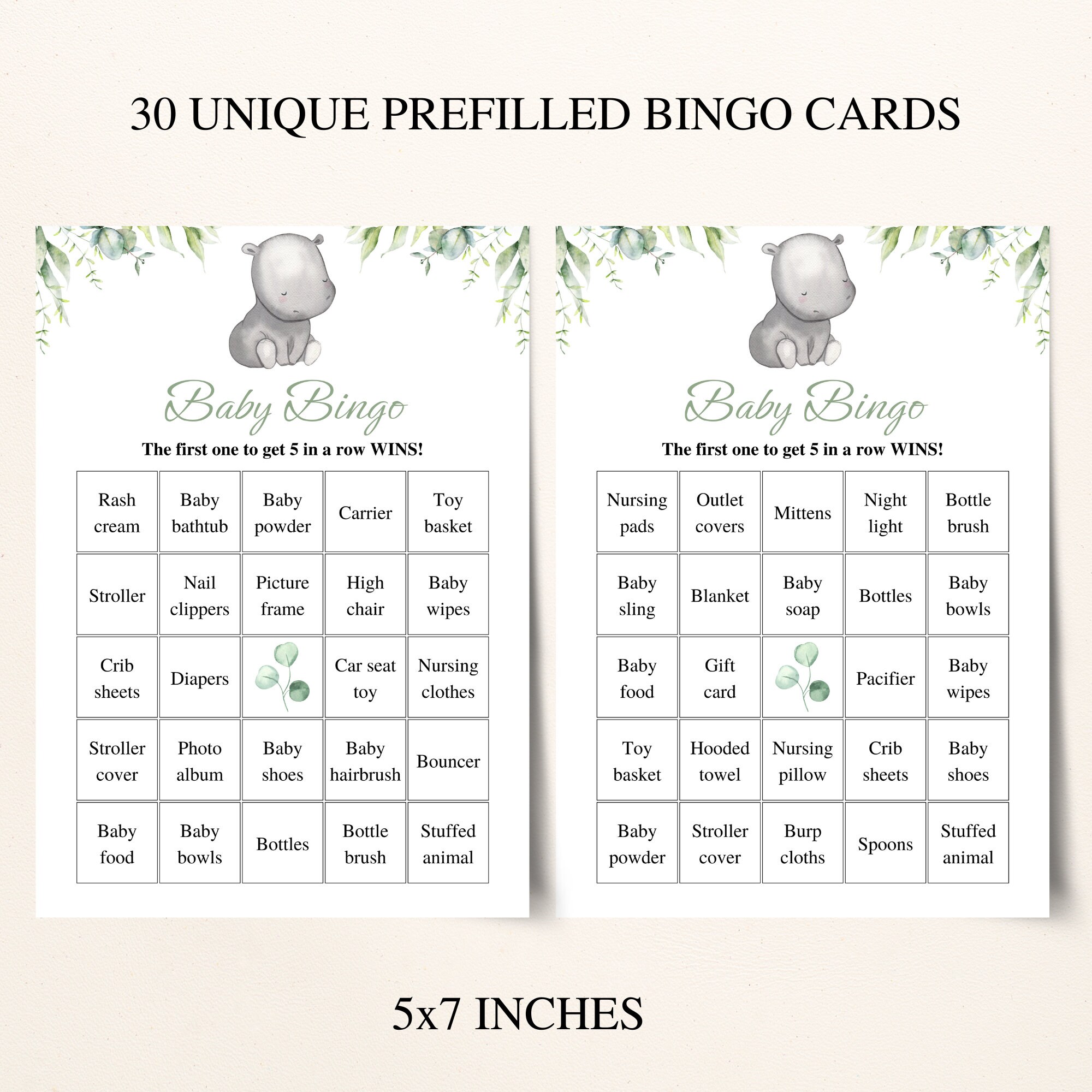 30 Printable Hippo Baby Shower Bingo Cards 5x7'' - Etsy