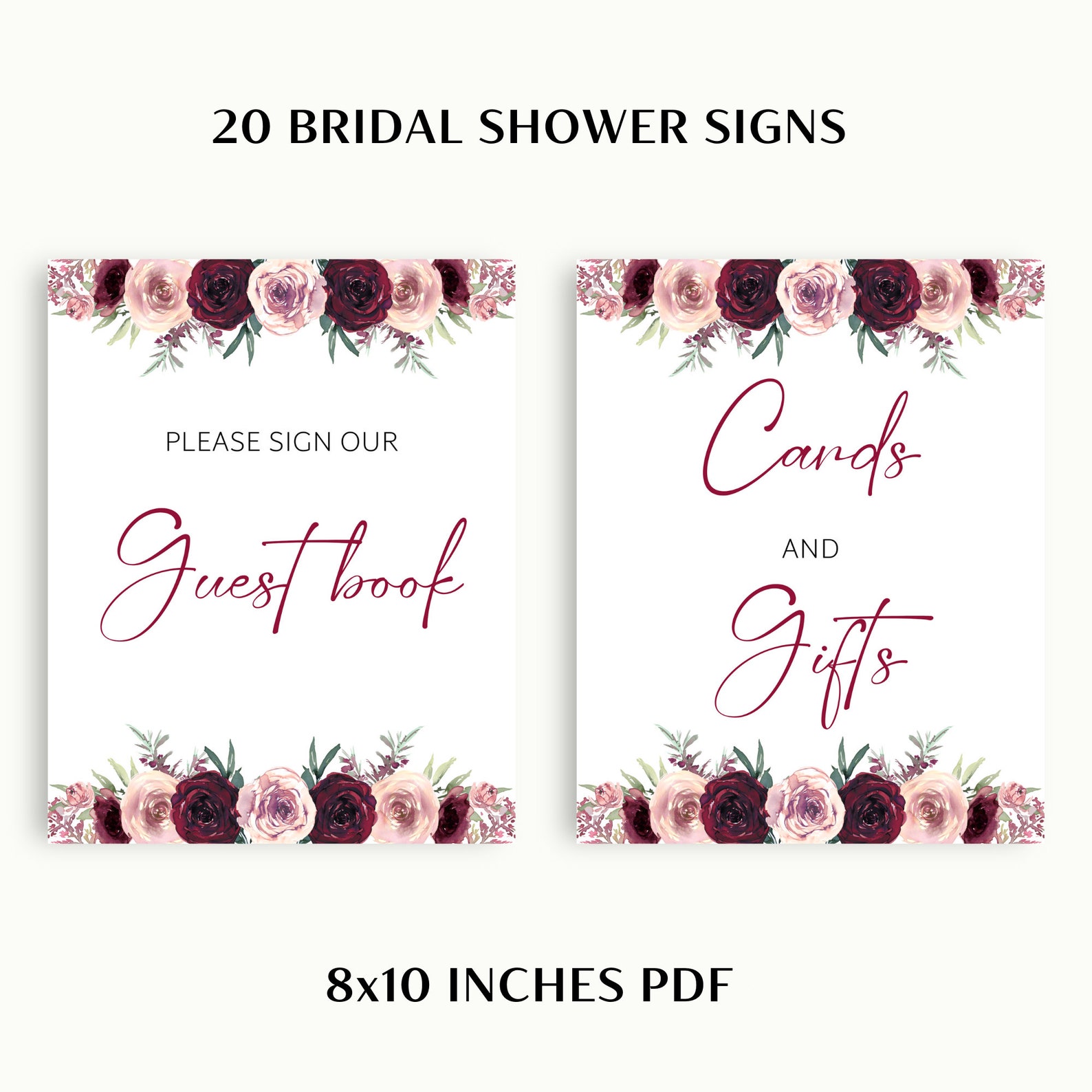 20 Printable Burgundy Bridal Shower Signs + Recipe, Advice, and Date ...