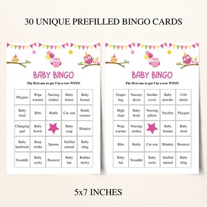 30 Printable Pink Owl Baby Shower Bingo Cards | 5x7'' Prefilled Baby ...