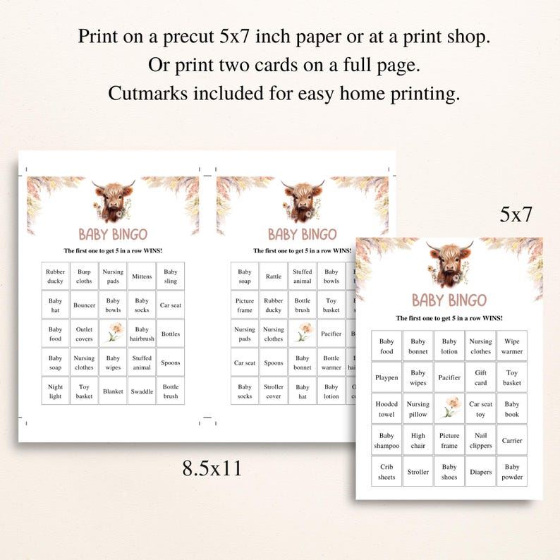100 Printable Highland Cow Baby Shower Bingo Cards, Prefilled Baby ...