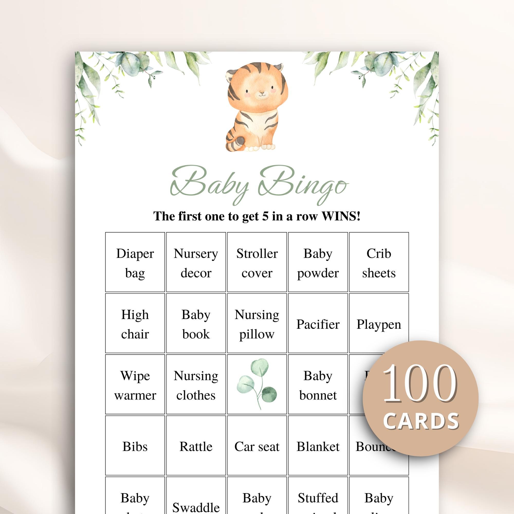 100 Printable Tiger Baby Shower Bingo Cards, Prefilled Baby Shower Gift ...