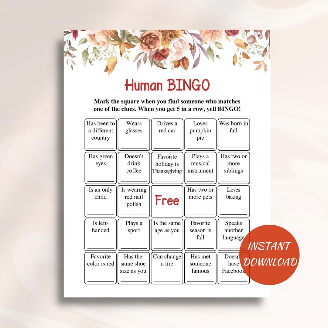 Printable Thanksgiving Human Bingo: Icebreaker Game (US Letter 8.5x11 ...