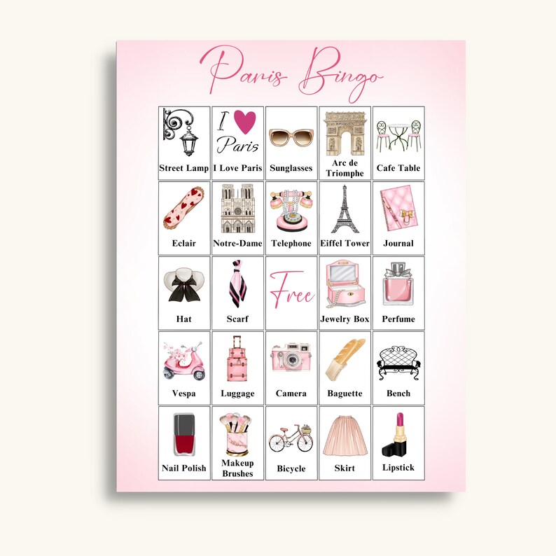 50 Printable Paris Picture Bingo Cards: Parisian Bridal Shower Games, 8 ...