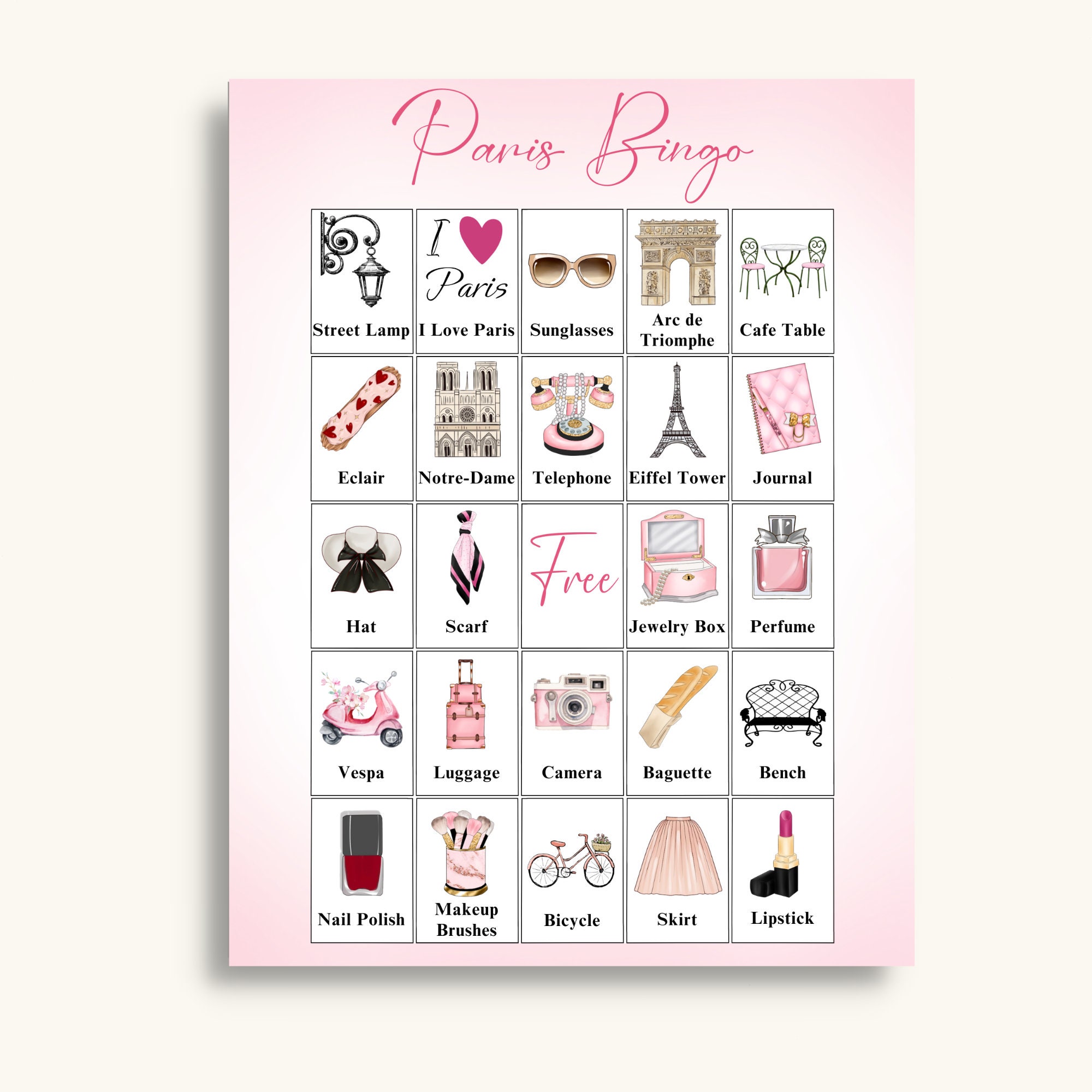 50 Printable Paris Picture Bingo Cards, Parisian Bridal Shower Games ...