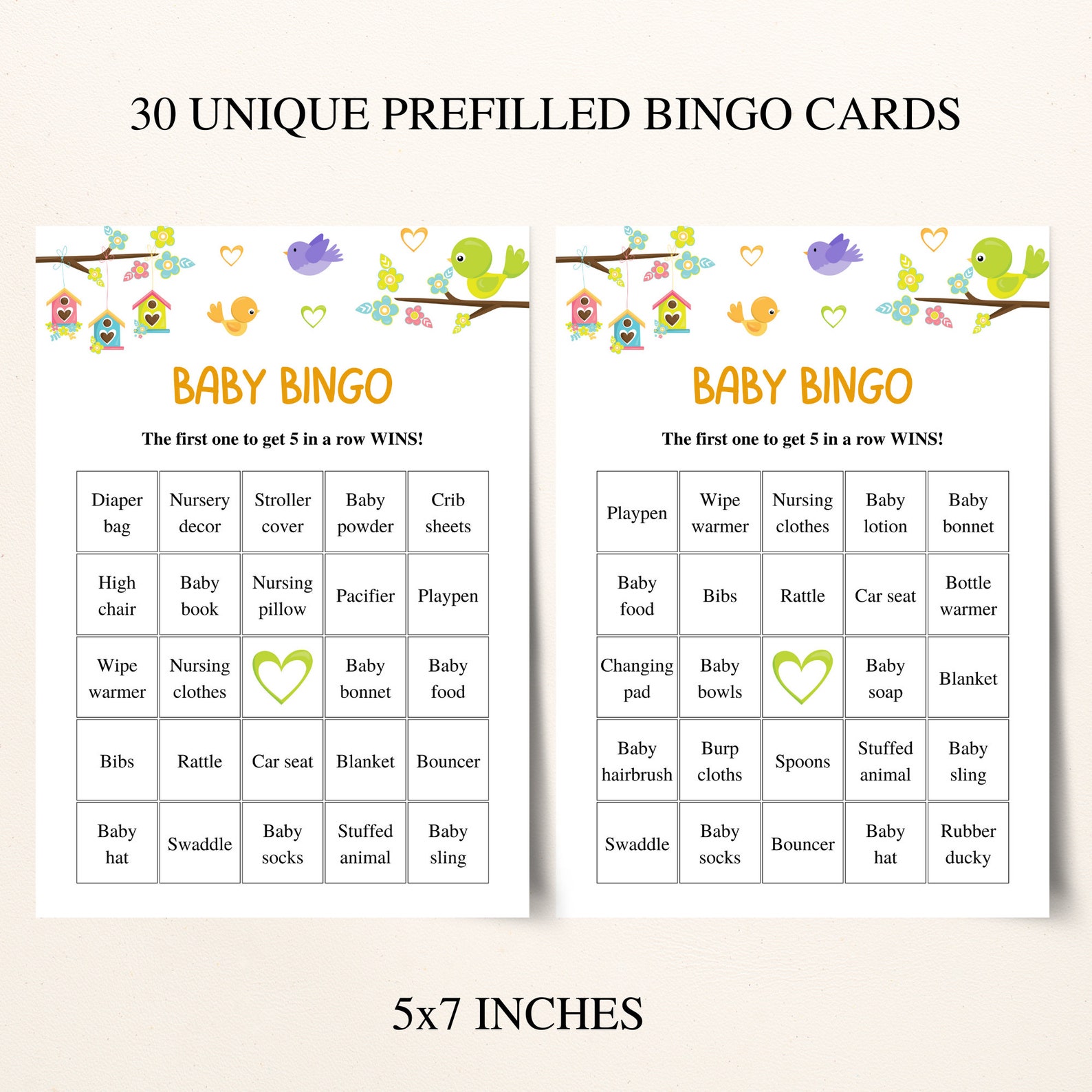 30 Printable Bird Baby Shower Bingo Cards 5x7'' Prefilled Baby Bingo ...