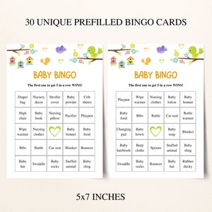 30 Printable Bird Baby Shower Bingo Cards | 5x7'' Prefilled Baby Bingo ...
