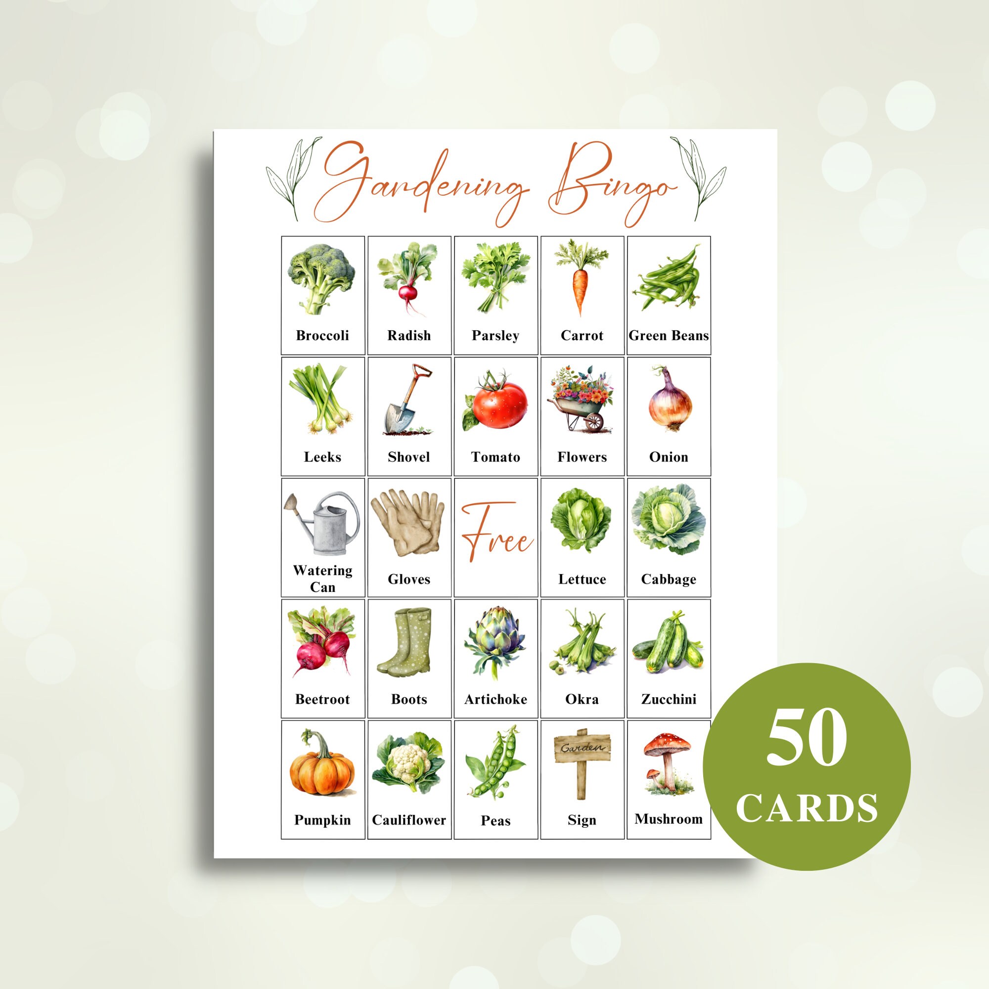 50 Printable Gardening Picture Bingo Cards, Gardening Bingo, Birthday ...