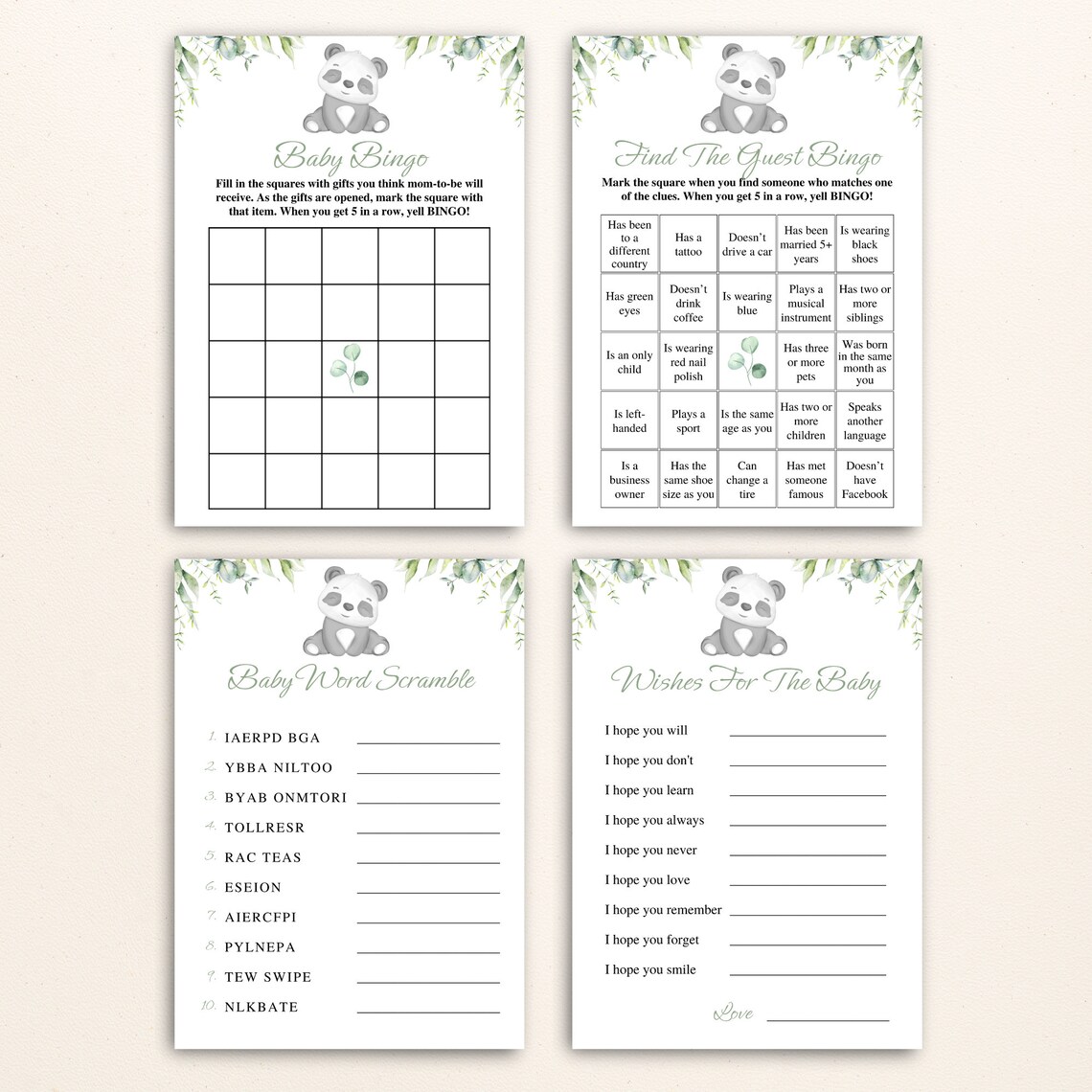 16 Printable Panda Baby Shower Games Jungle Baby Shower Game - Etsy