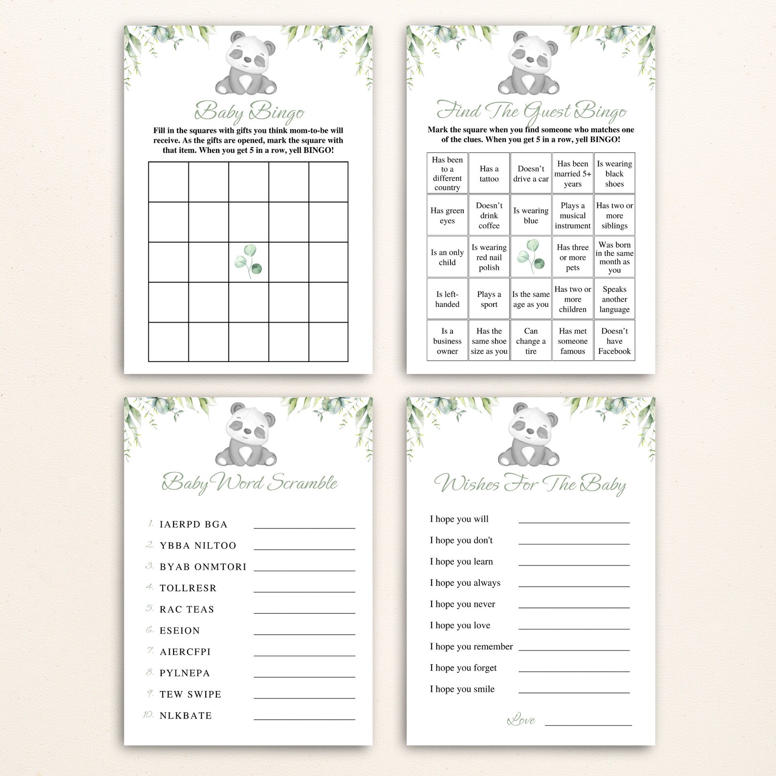 16 Printable Panda Baby Shower Games Jungle Baby Shower Game Bundle ...