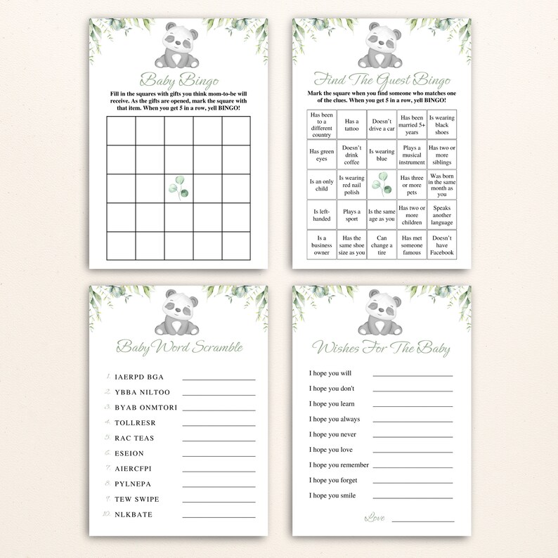 16 Printable Panda Baby Shower Games Jungle Baby Shower Game Bundle ...