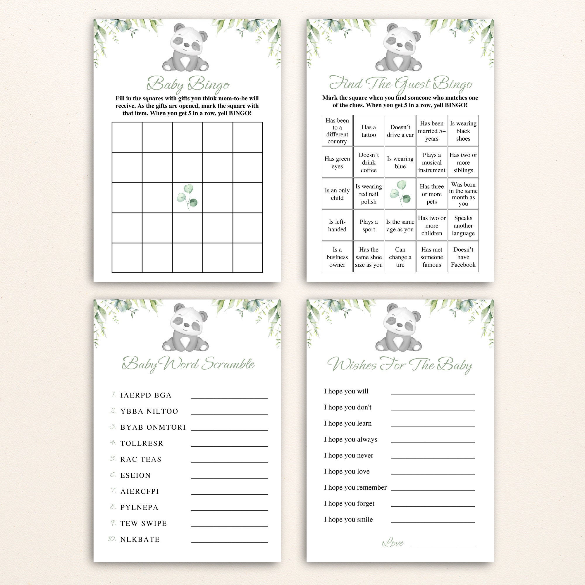 16 Printable Panda Baby Shower Games Jungle Baby Shower Game Bundle ...