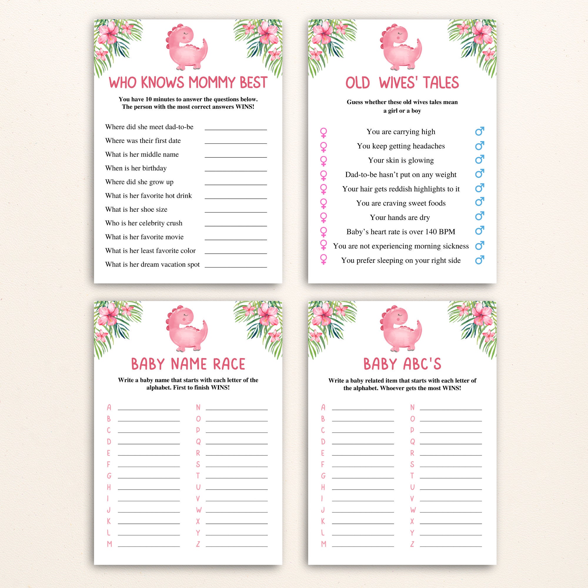 16 Printable Girl Dinosaur Baby Shower Games Pink Dinosaur Baby Shower ...