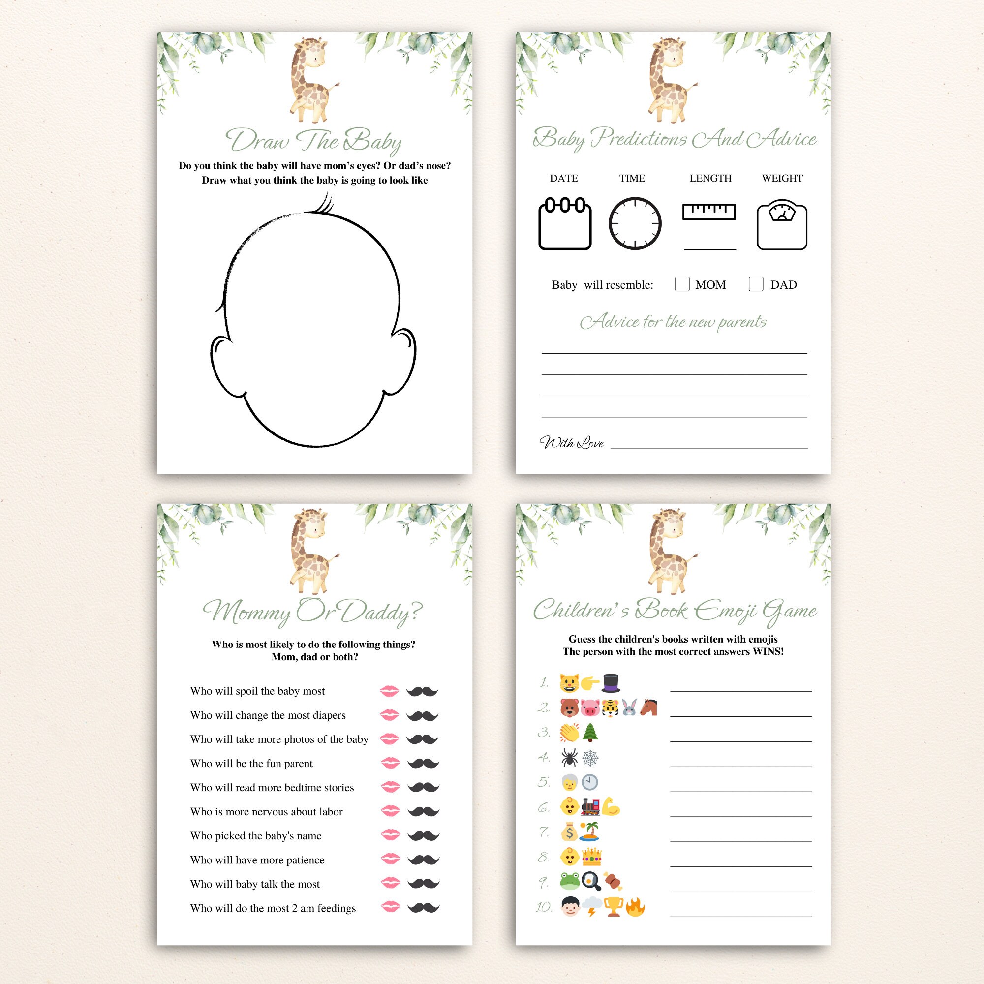 16 Printable Giraffe Baby Shower Games Safari Baby Shower Game Bundle ...