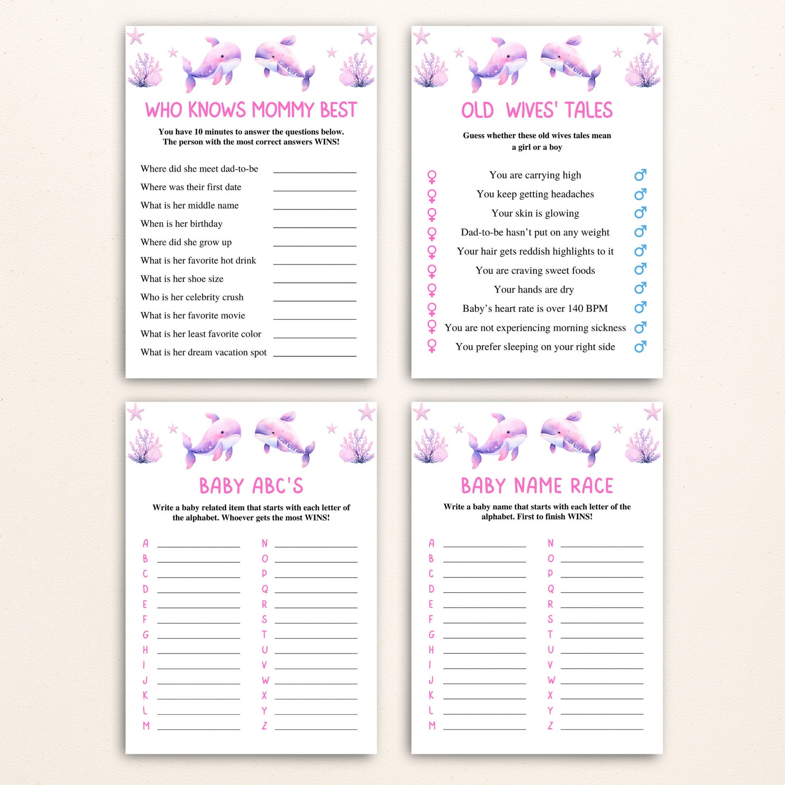 16 Printable Under the Sea Baby Shower Games, Pink Whale Baby Shower ...