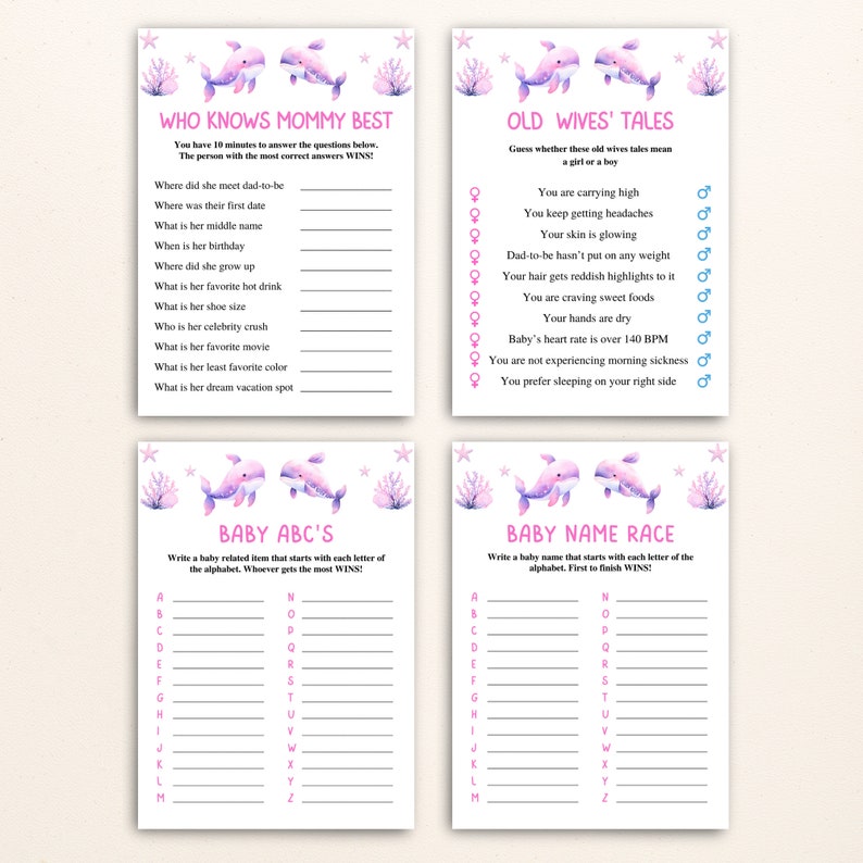 16 Printable Under the Sea Baby Shower Games, Pink Whale Baby Shower ...