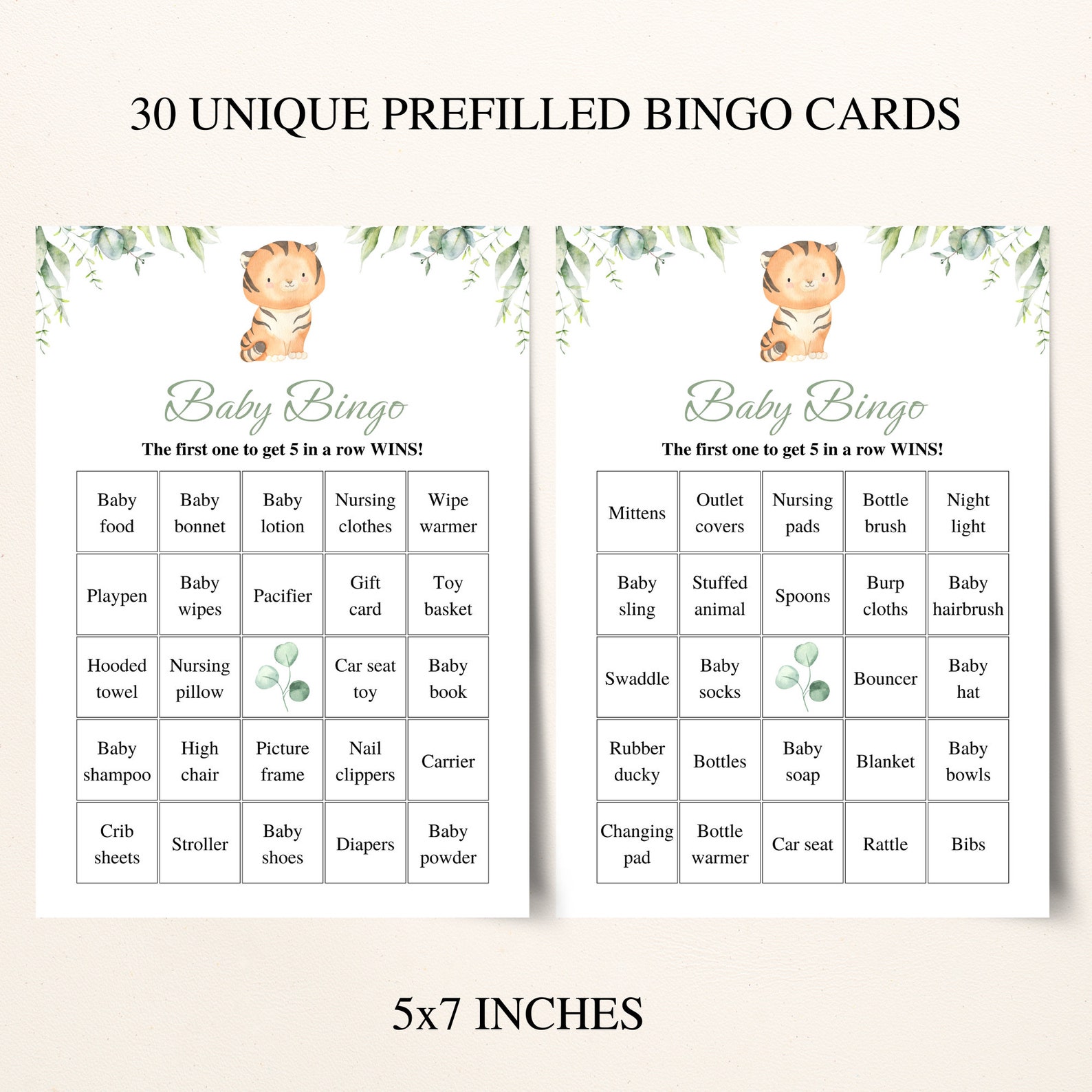 30 Printable Tiger Baby Shower Bingo Cards 5x7'' Prefilled Baby Bingo ...