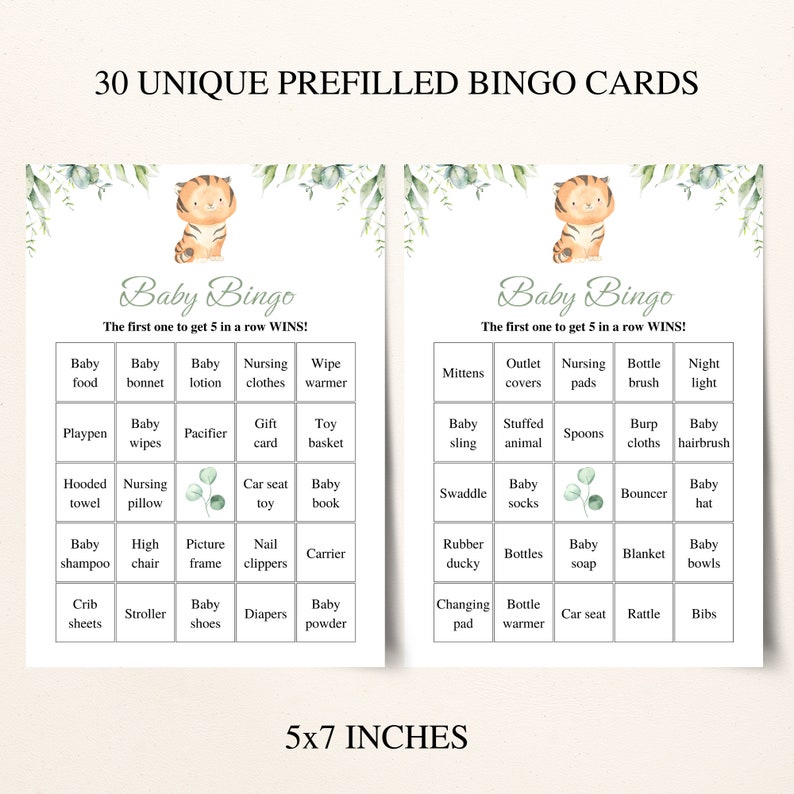 30 Printable Tiger Baby Shower Bingo Cards | 5x7'' Prefilled Baby Bingo ...