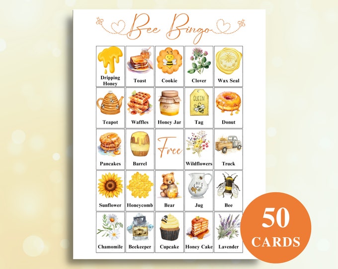 Bee Bingo Game, 50 Printable Bingo Cards, Bee Birthday Party Game, Bee ...