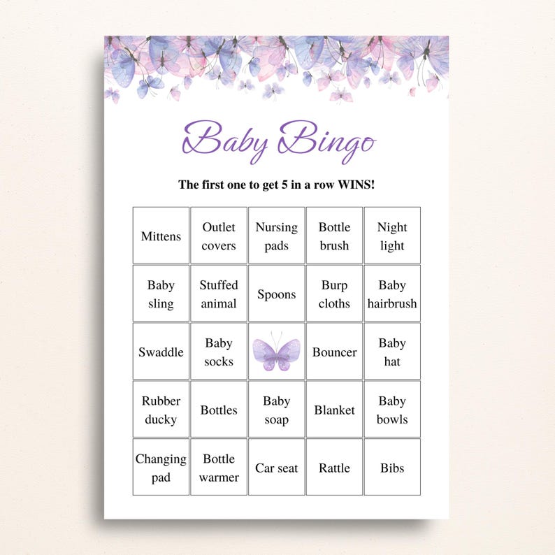 100 Printable Purple Butterfly Baby Shower Bingo Cards: Prefilled Gift ...