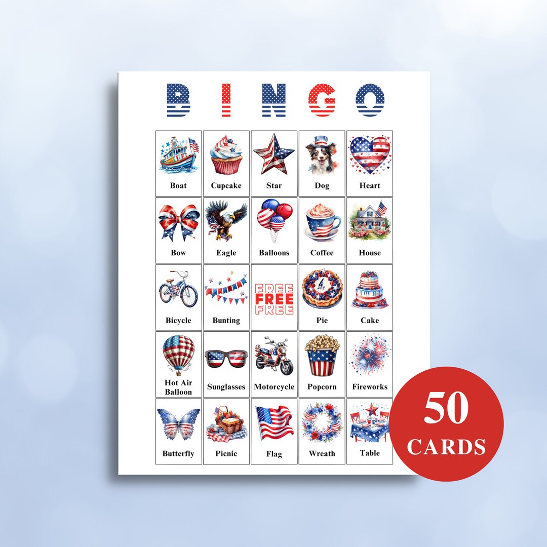 50 Printable 4th of July Bingo Cards | Independence Day Picture Bingo ...