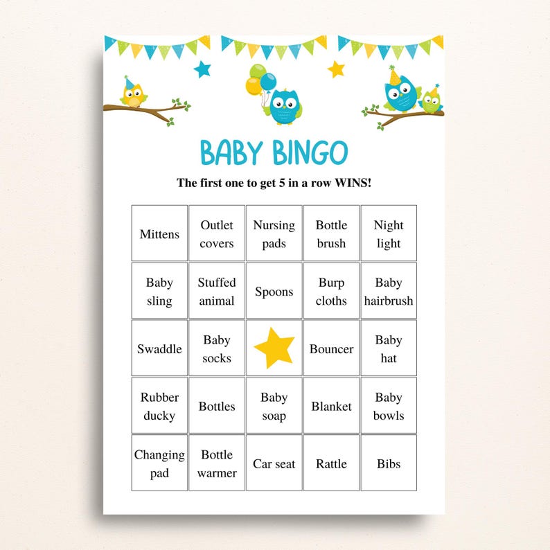 100 Printable Blue Owl Baby Shower Bingo Cards, Prefilled Baby Shower ...