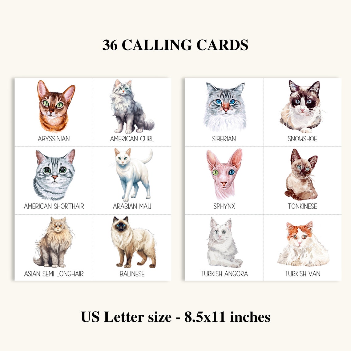 50 Printable Cat Breed Picture Bingo Cards, Cat Birthday Party Games ...