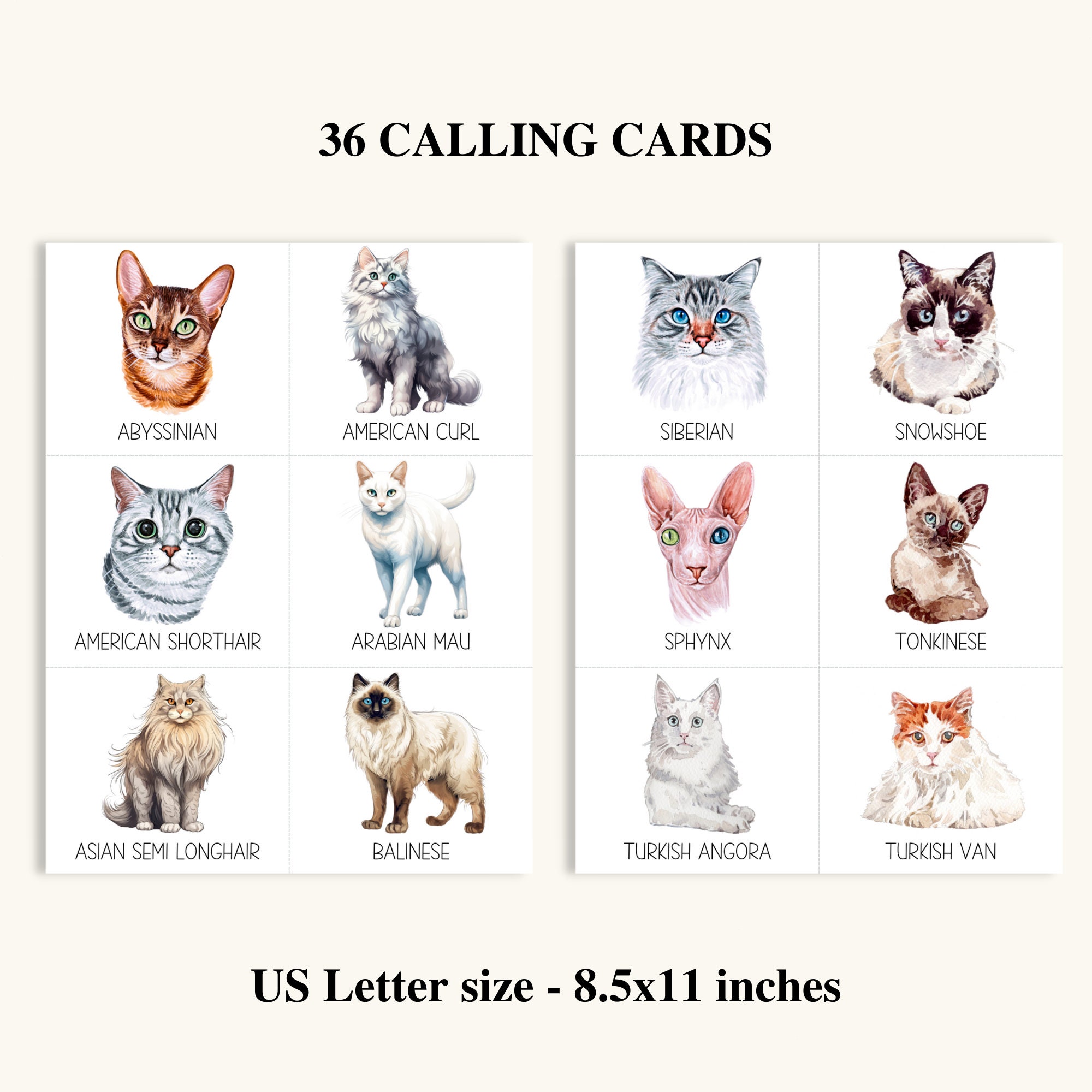 50 Printable Cat Breed Picture Bingo Cards, Cat Birthday Party Games ...