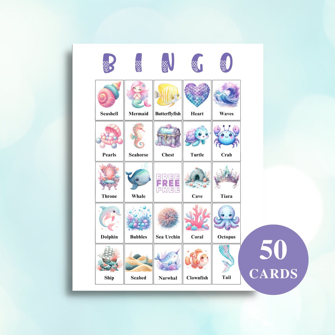 50 Printable Mermaid Bingo Cards, Mermaid Picture Bingo, Mermaid ...