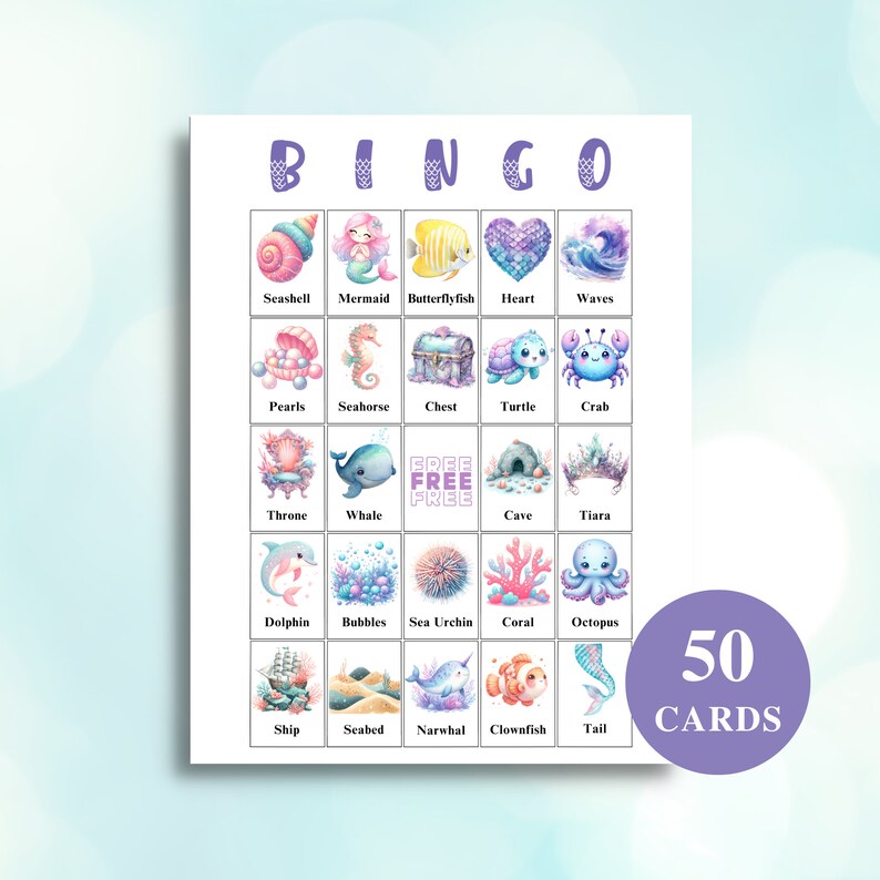 50 Printable Mermaid Bingo Cards, Mermaid Picture Bingo, Mermaid ...