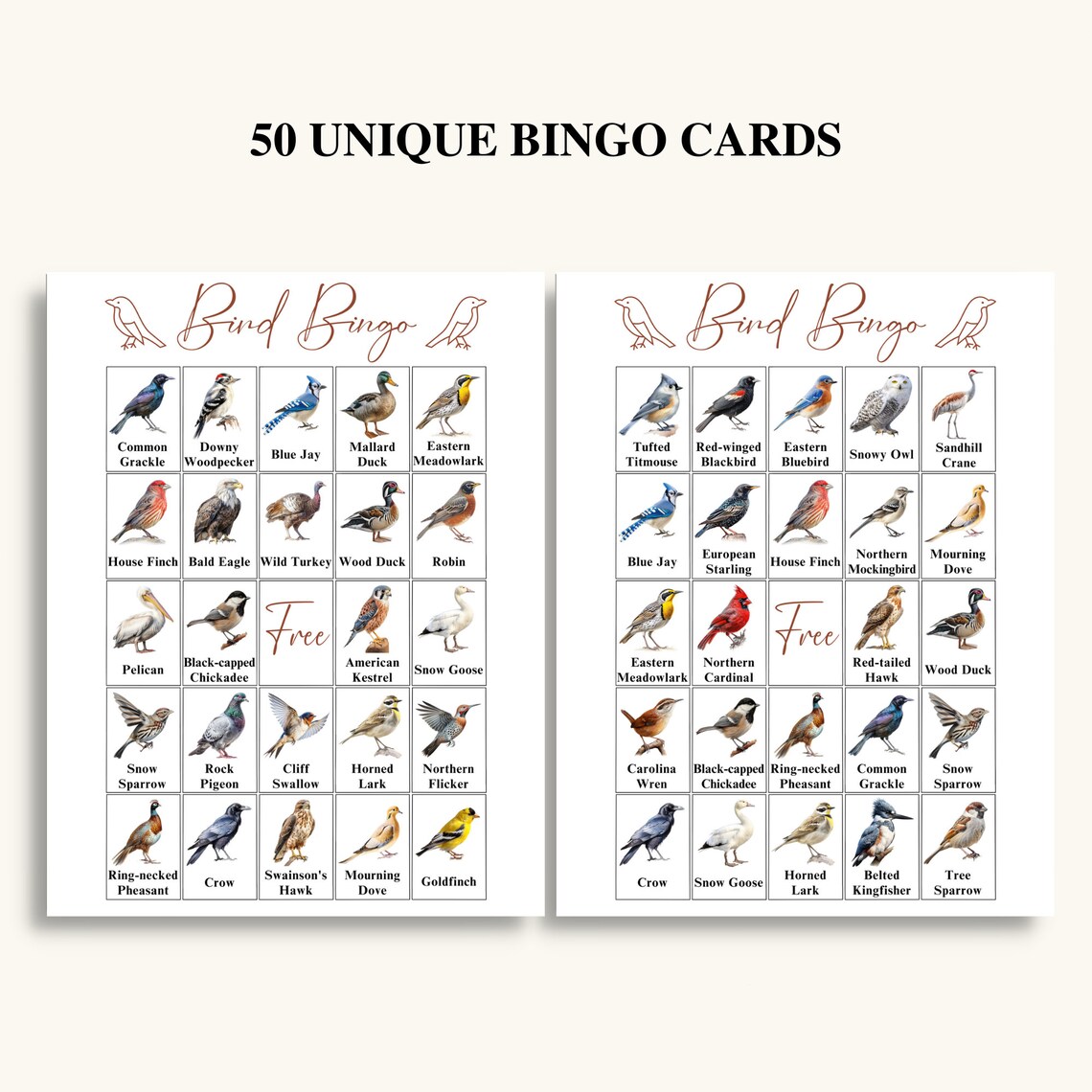 50 Printable Bird Bingo Cards Bird Species Picture Bingo Ornithology ...
