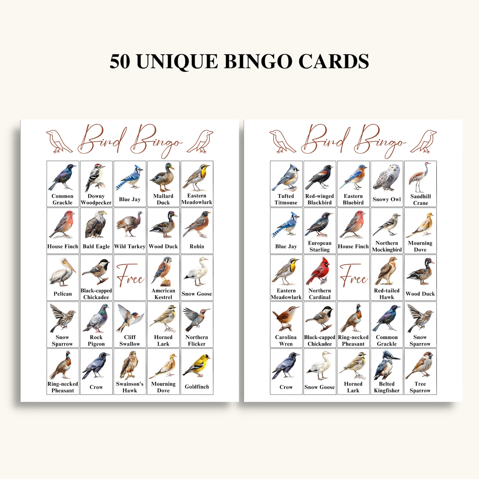 50 Printable Bird Bingo Cards | Bird Species Picture Bingo ...