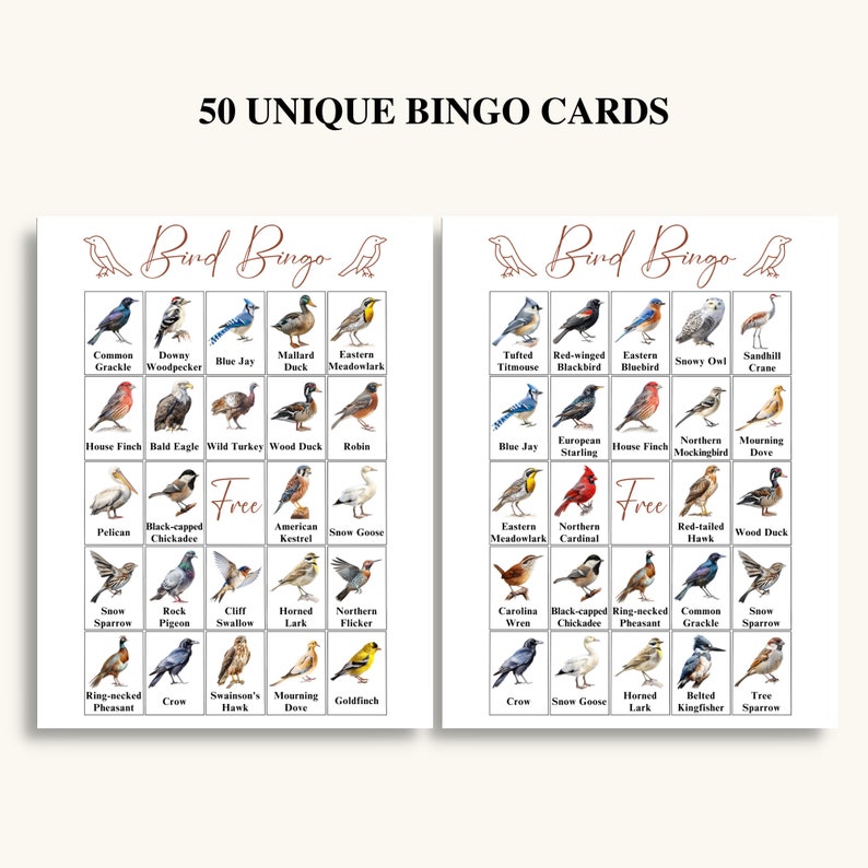 50 Printable Bird Bingo Cards Bird Species Picture Bingo Ornithology ...