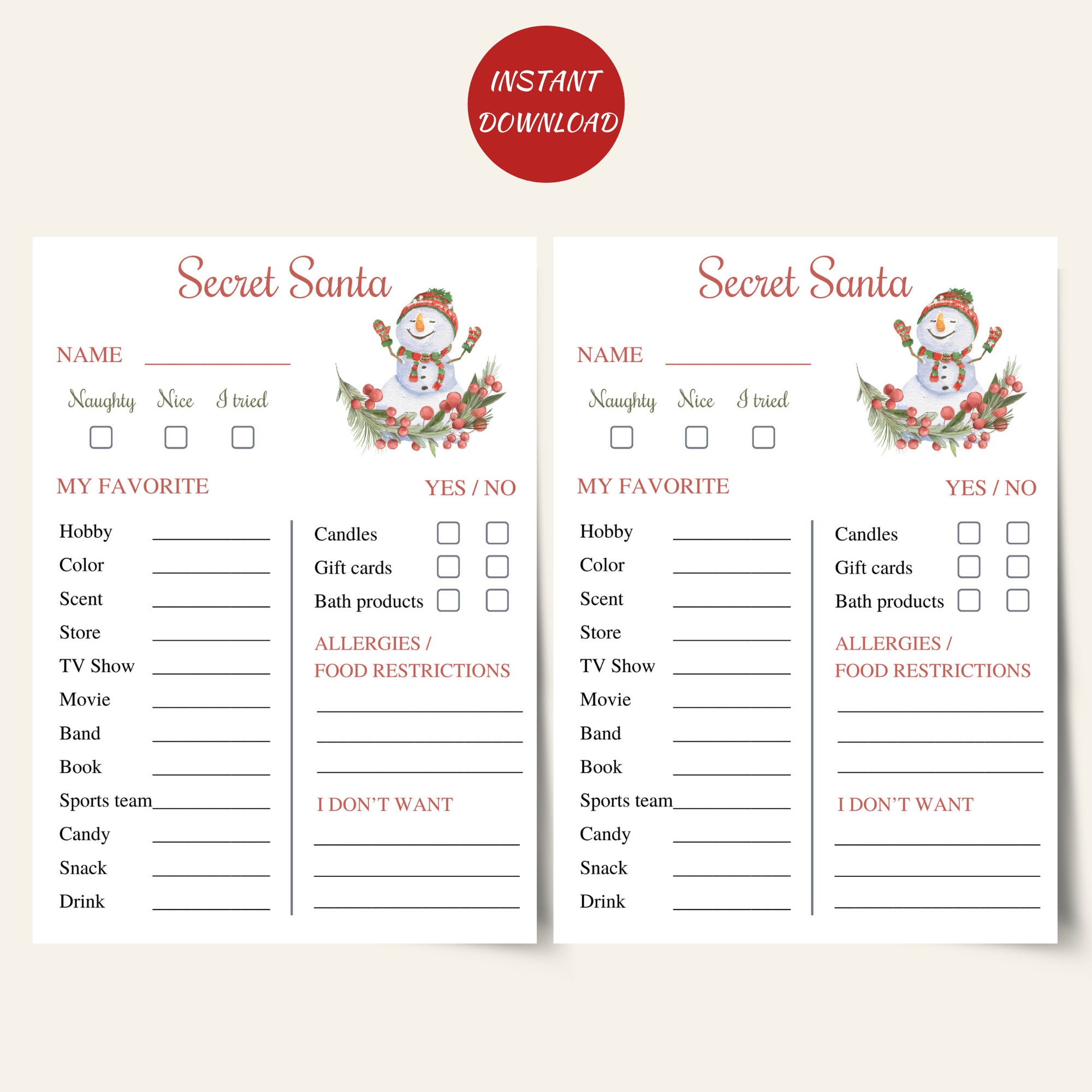 Printable Secret Santa Questionnaire: Gift Info Card DOWNLOAD - Etsy