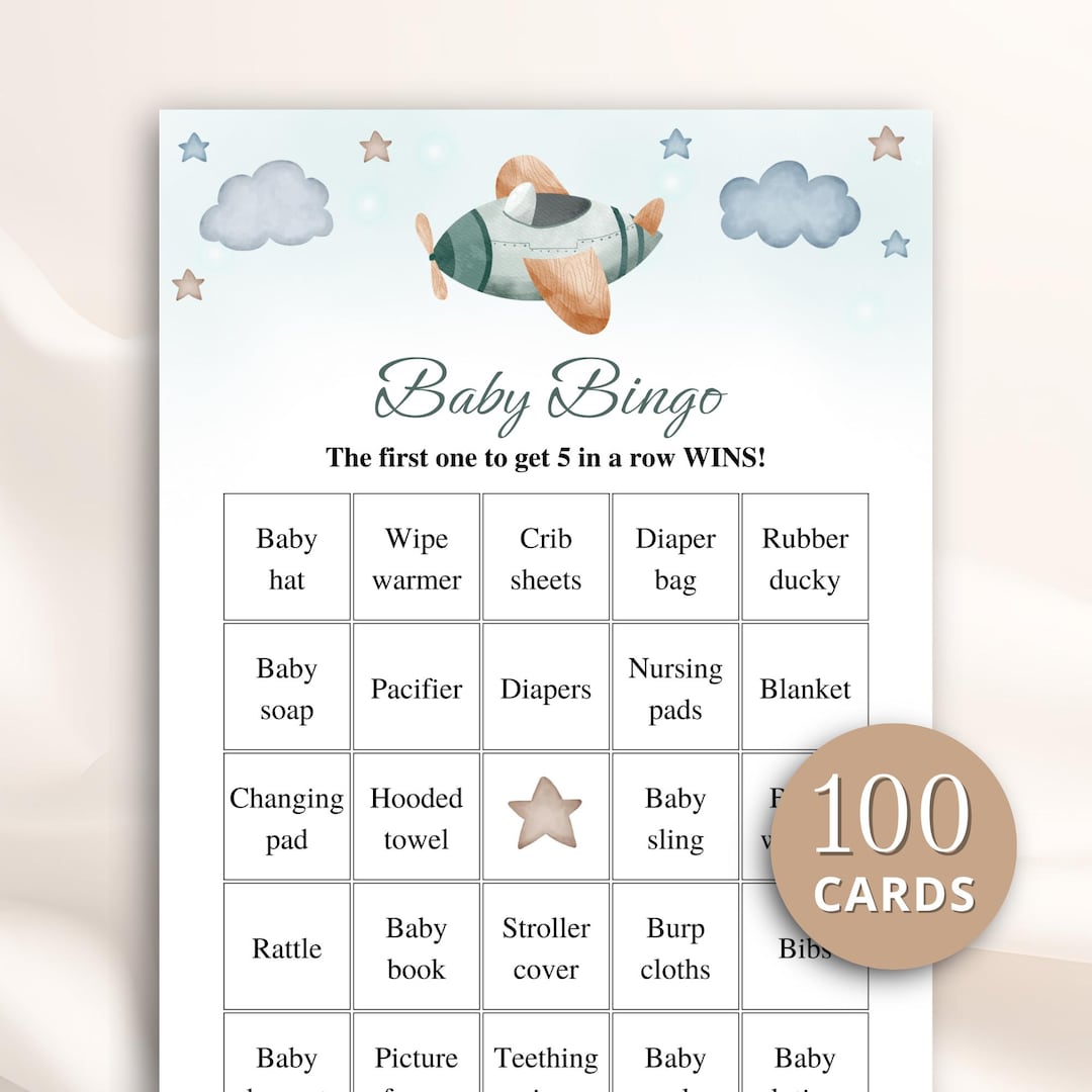 100 Printable Airplane Baby Shower Bingo Cards, Prefilled Baby Shower ...