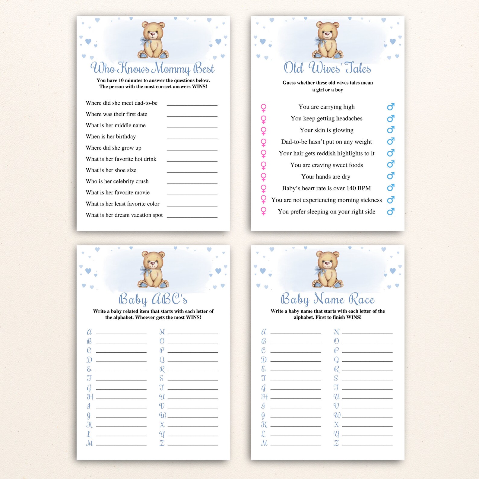 16 Printable Teddy Bear Baby Shower Games Blue Bear Baby Shower Games ...