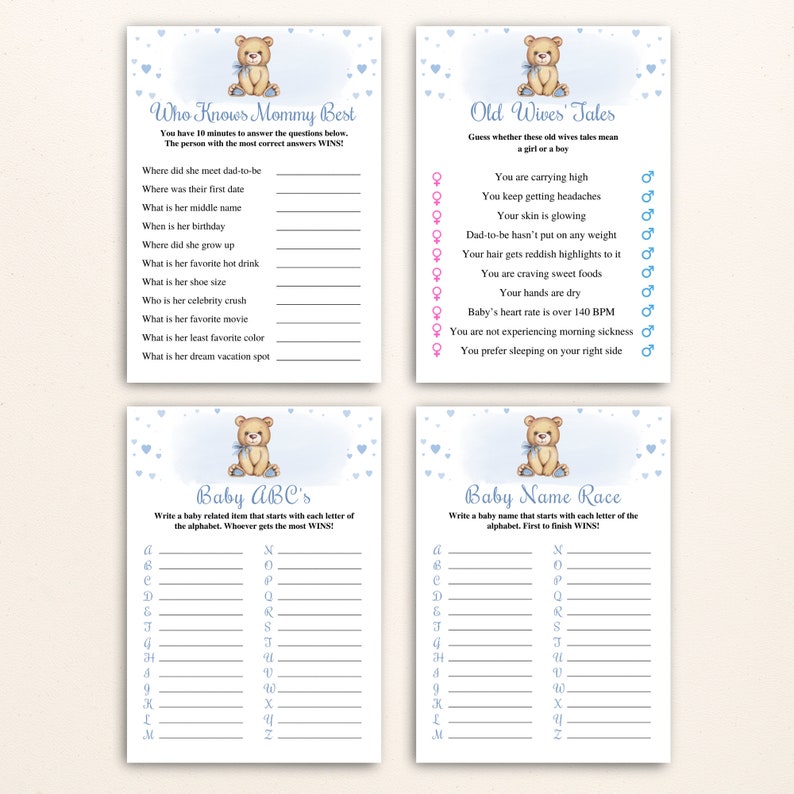 16 Printable Teddy Bear Baby Shower Games Blue Bear Baby Shower Games Boy Baby Sprinkle Games ...