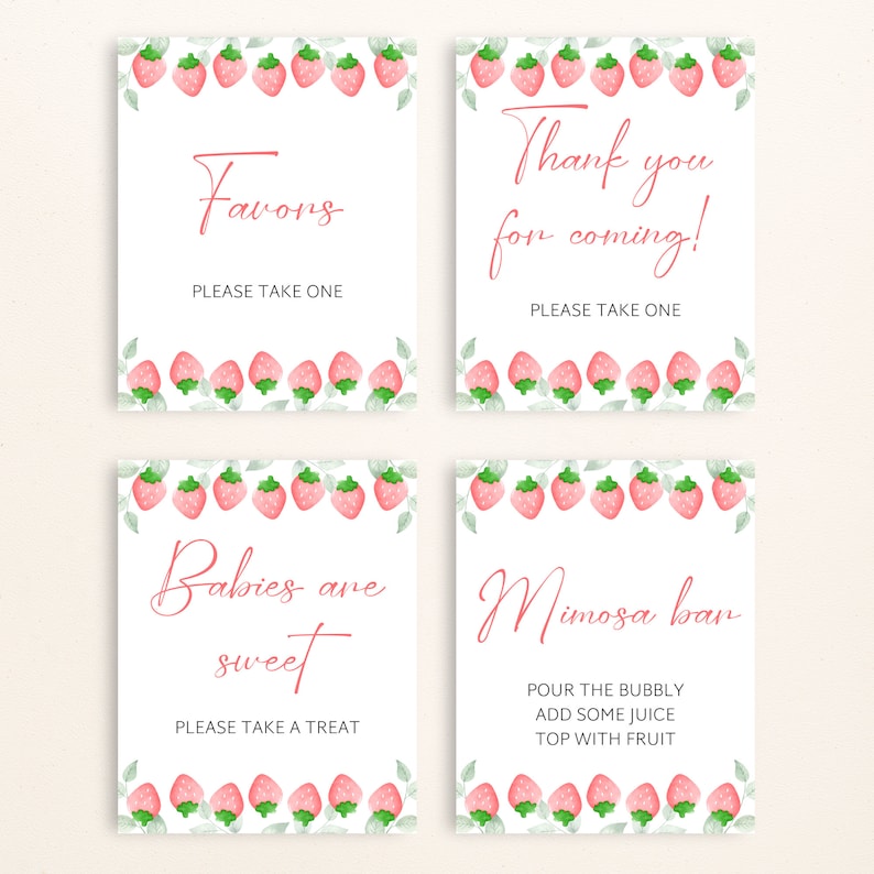 16 Printable Strawberry Baby Shower Table Signs, Berry Sweet Baby ...
