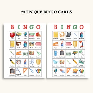 50 Printable School Bingo Cards | School Themed Picture Bingo | Back to ...