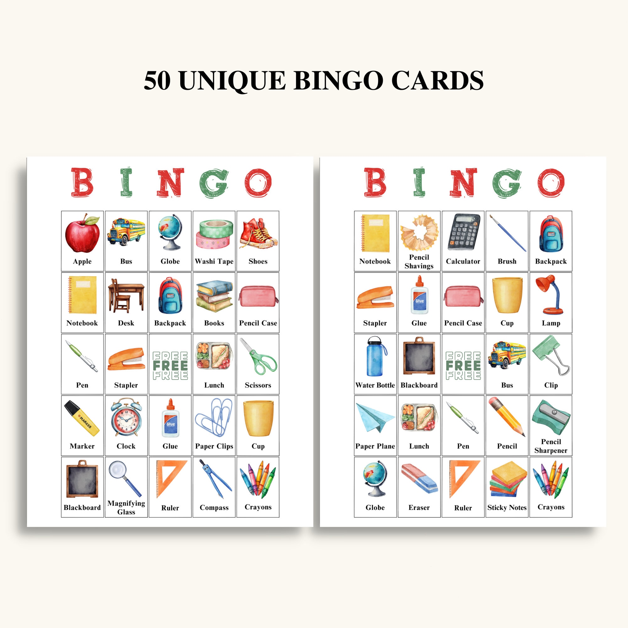50 Printable School Bingo Cards School Themed Picture Bingo Back to ...