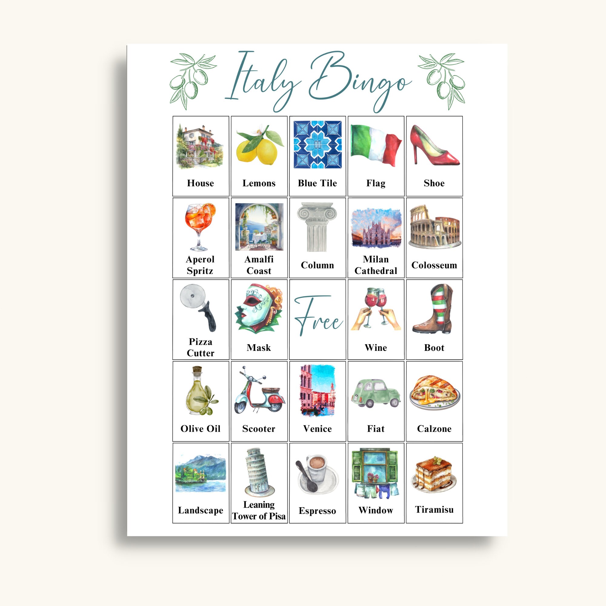 50 Printable Italy Picture Bingo Cards, Italian Bridal Shower Games ...