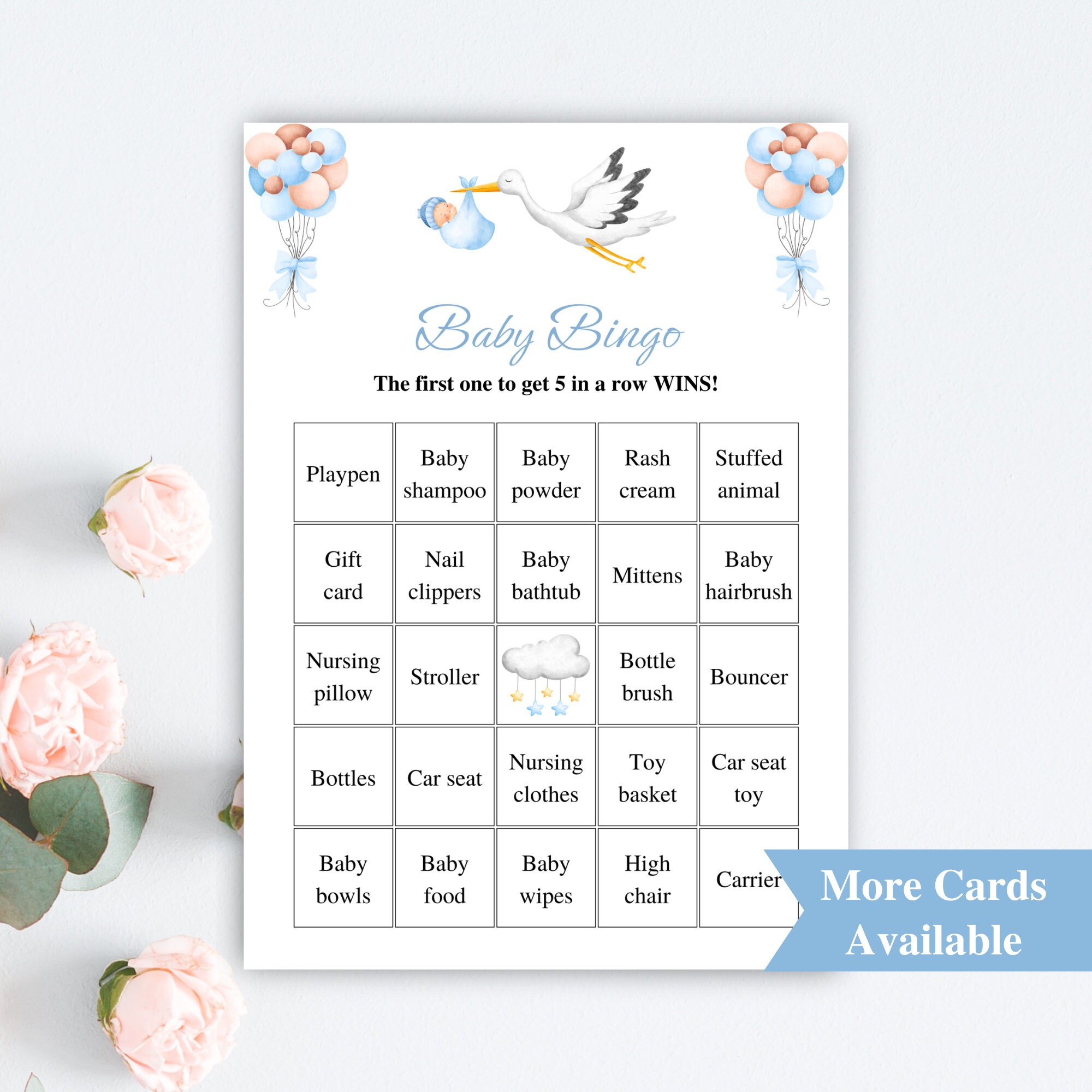 30 Printable Blue Stork Baby Shower Bingo Cards | 5x7'' Prefilled Stork ...