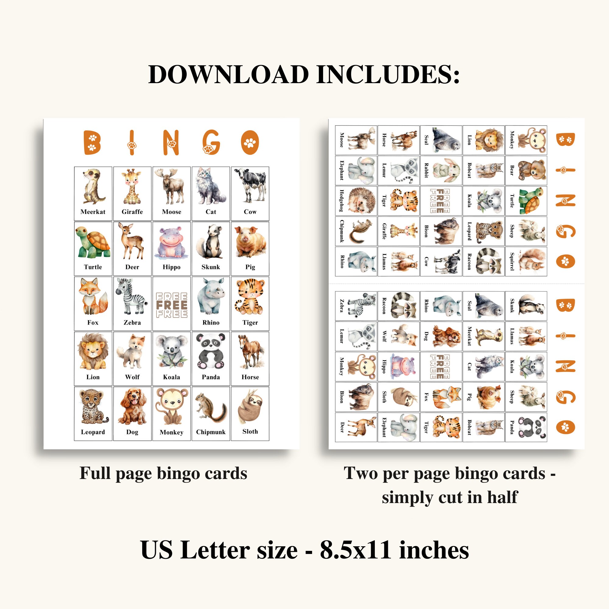 50 Printable Animal Bingo Cards Animal Picture Bingo Animal Birthday ...
