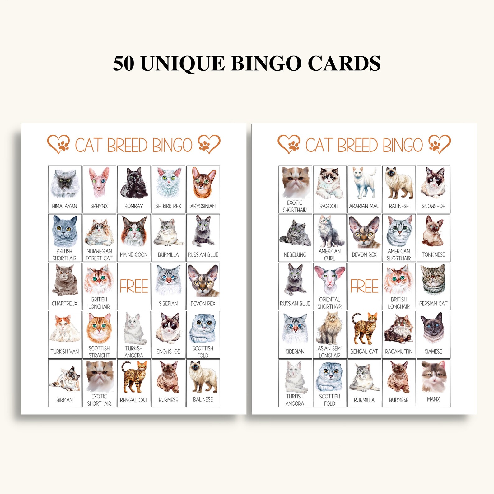 50 Printable Cat Breed Picture Bingo Cards: US Letter 8.5x11 DOWNLOAD ...