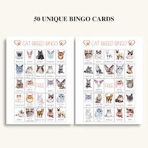 50 Printable Cat Breed Picture Bingo Cards, Cat Birthday Party Games ...